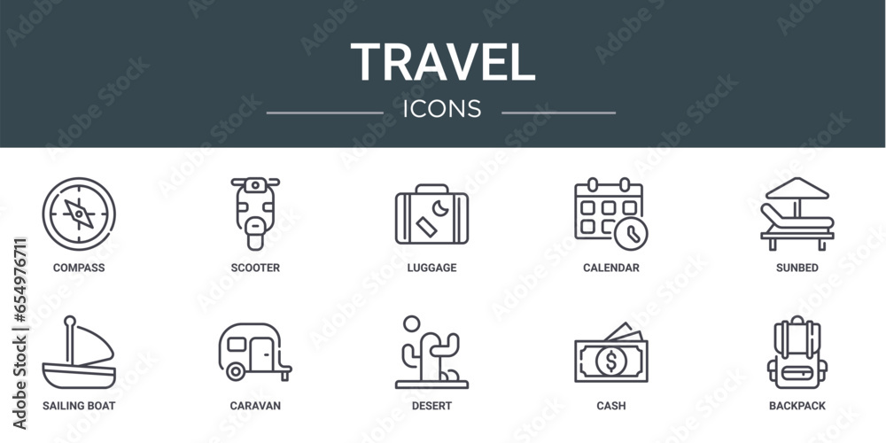 set of 10 outline web travel icons such as compass, scooter, luggage ...