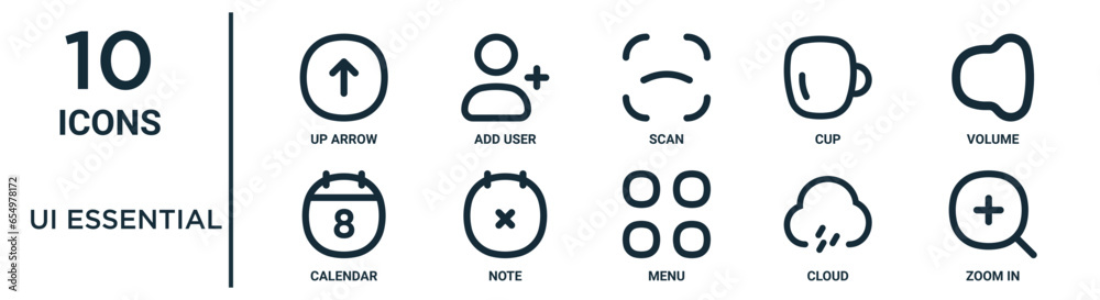 ui essential outline icon set such as thin line up arrow, scan, volume ...