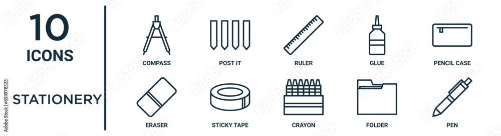 stationery outline icon set such as thin line compass, ruler, pencil ...