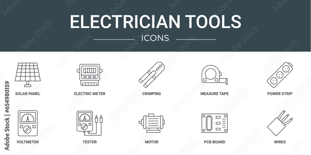 set of 10 outline web electrician tools icons such as solar panel ...