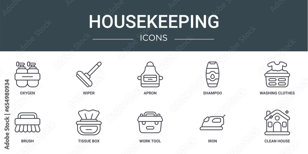 set of 10 outline web housekeeping icons such as oxygen, wiper, apron ...