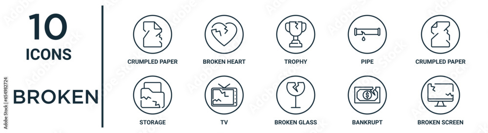 Vetor de broken outline icon set such as thin line crumpled paper ...