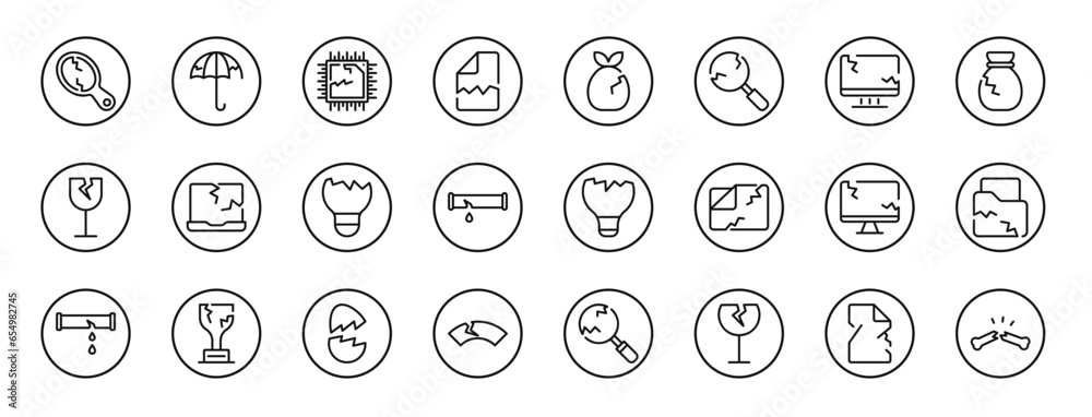 set of 24 outline web broken icons such as hand mirror, umbrella, processor, corrupted file ...