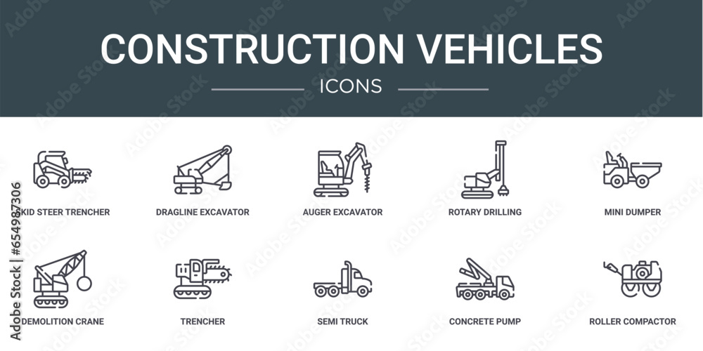Vetor de set of 10 outline web construction vehicles icons such as skid ...