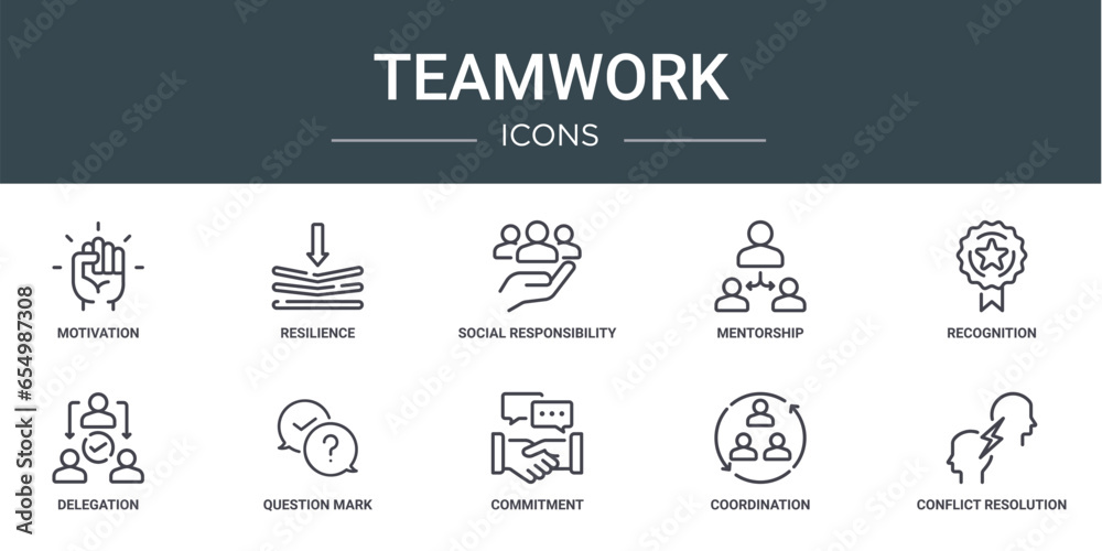 set of 10 outline web teamwork icons such as motivation, resilience ...