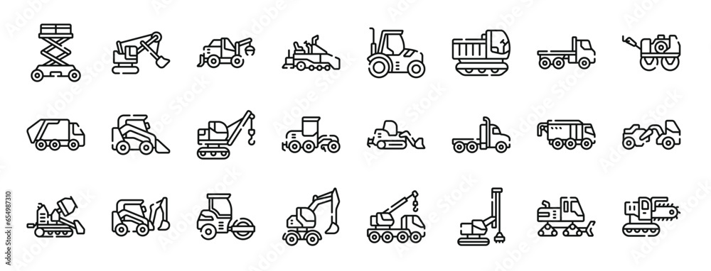 set of 24 outline web construction vehicles icons such as scissor lift ...