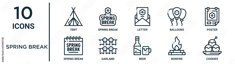 spring break outline icon set such as thin line tent, letter, poster ...