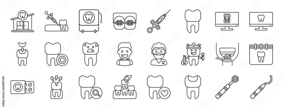 set of 24 outline web dentist icons such as clinic, anesthetic, floss ...