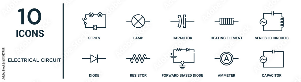 Vetor de electrical circuit outline icon set such as thin line series ...