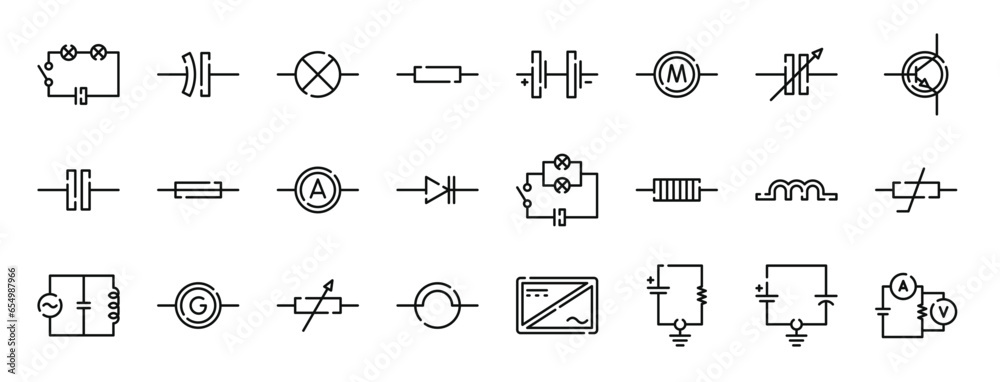 set of 24 outline web electrical circuit icons such as series ...