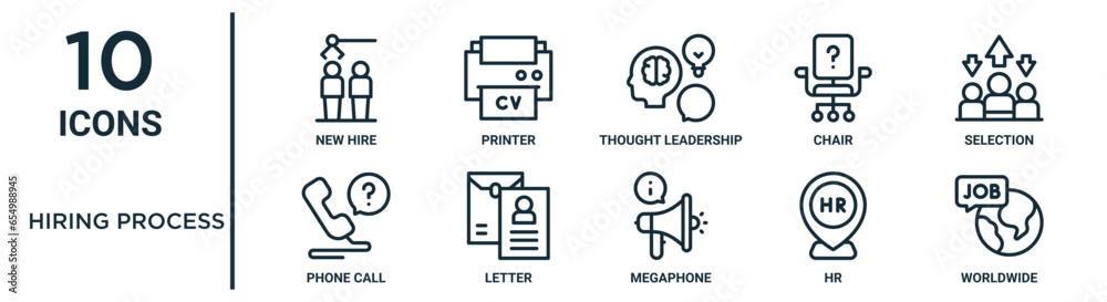 hiring process outline icon set such as thin line new hire, thought ...