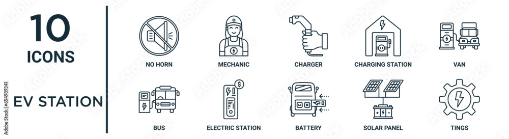 ev station outline icon set such as thin line no horn, charger, van ...