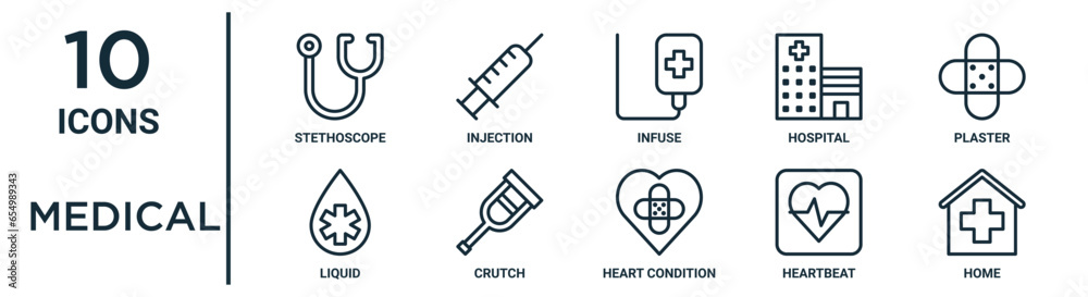 medical outline icon set such as thin line stethoscope, infuse, plaster ...