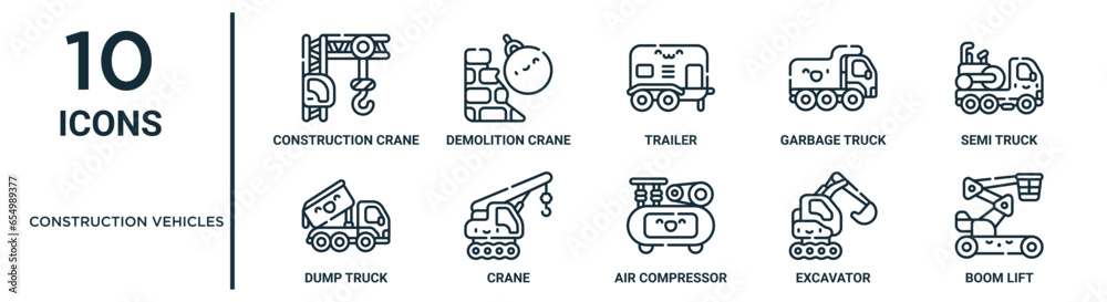 Vetor de construction vehicles outline icon set such as thin line ...