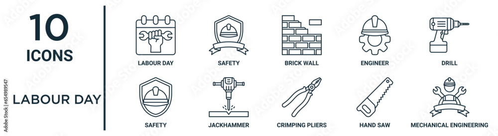 labour day outline icon set such as thin line labour day, brick wall ...
