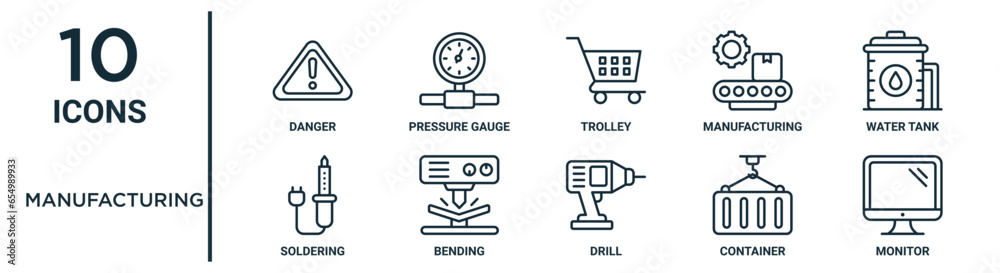 manufacturing outline icon set such as thin line danger, trolley, water ...