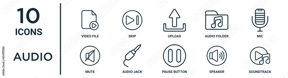 Vetor de audio outline icon set such as thin line video file, upload ...