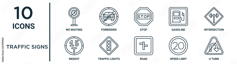 Vetor de traffic signs outline icon set such as thin line no waiting ...