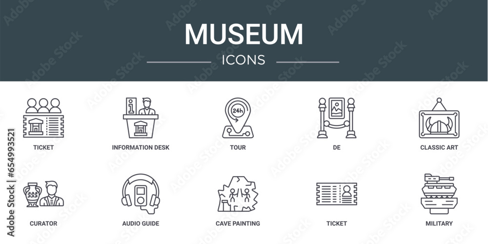 set of 10 outline web museum icons such as ticket, information desk ...