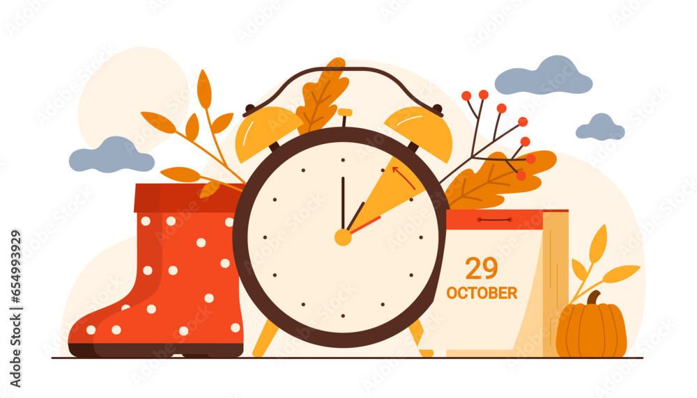 Fall back, daylight saving time ends vector illustration. Cartoon alarm ...