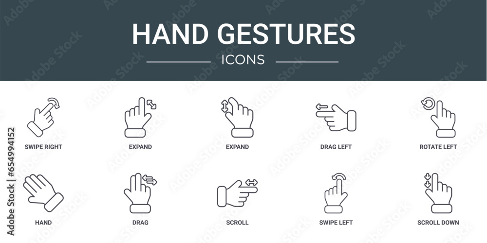 set of 10 outline web hand gestures icons such as swipe right, expand ...
