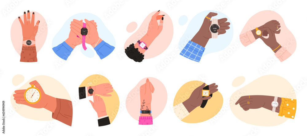 Hands with wrist watch set vector illustration. Cartoon isolated arm or ...