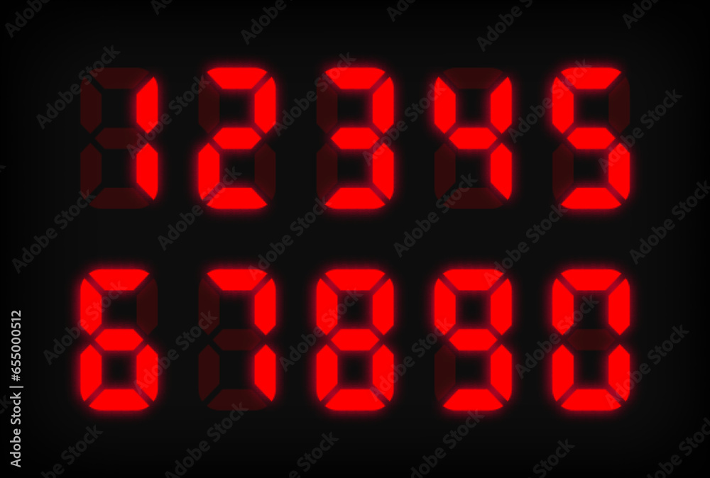 Red digital numbers on light background. Electronic figures. Light ...