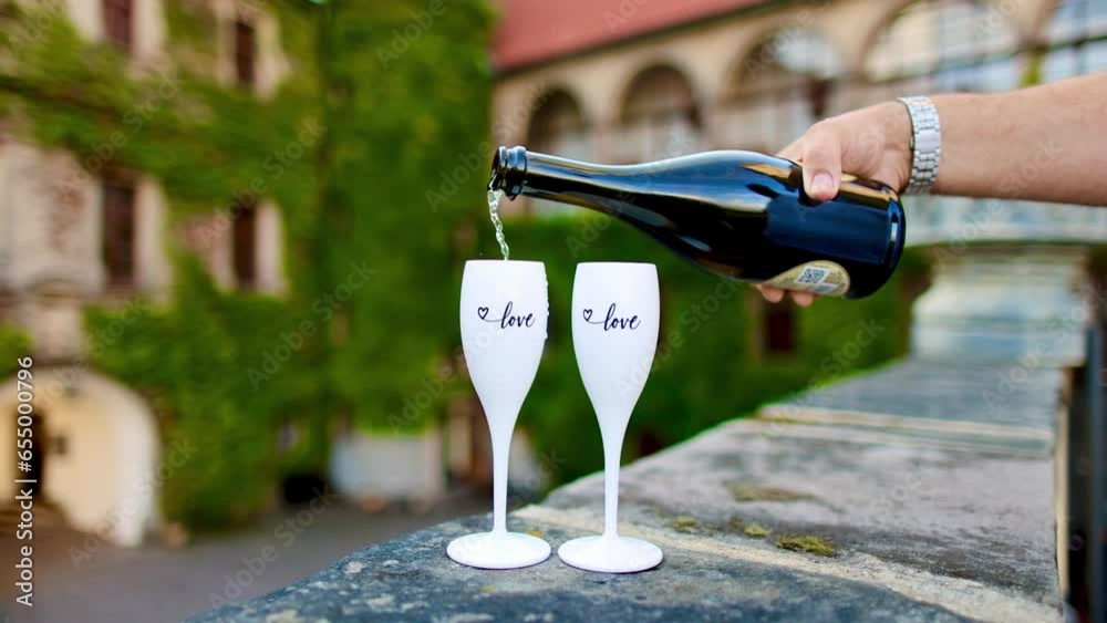 Pouring prosecco from a bottle into two glasses with a view on castle ...