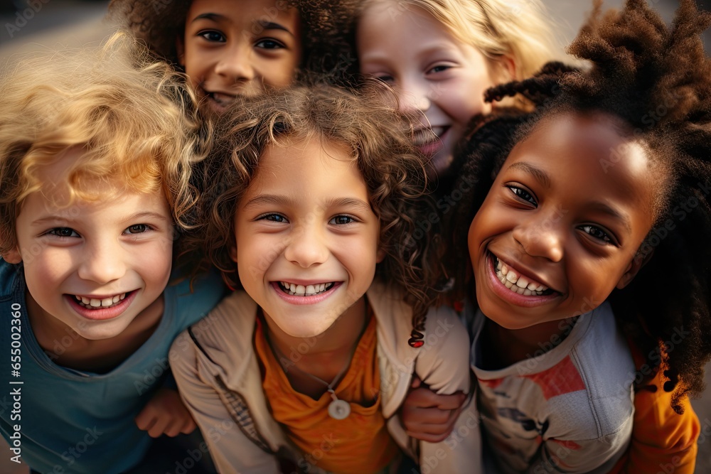 group of kids from different backgrounds come together, grinning from ...