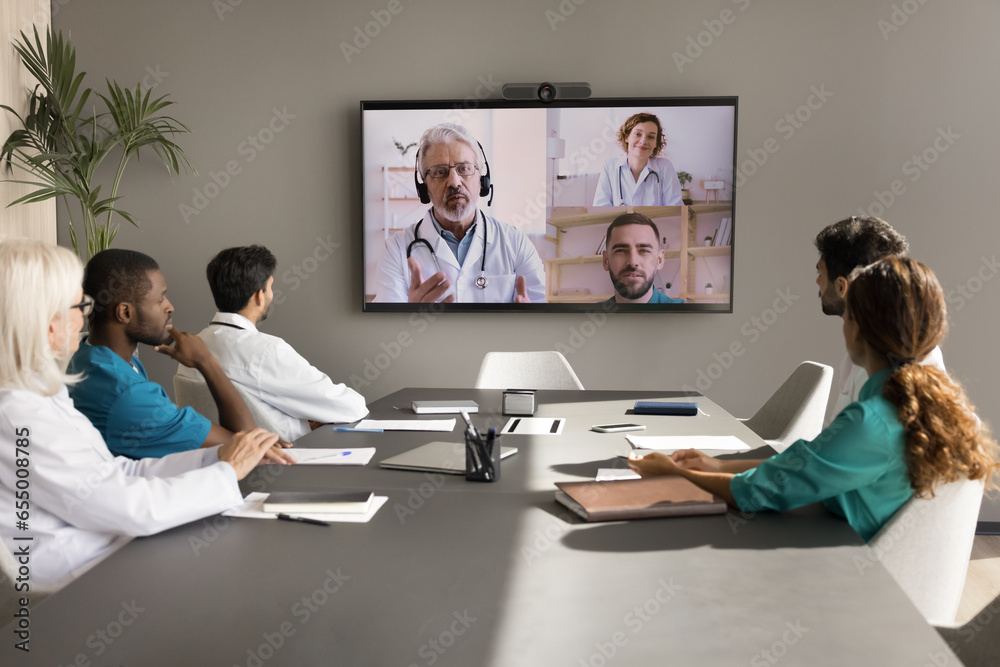 Multiethnic different aged healthcare staff meeting online and offline ...