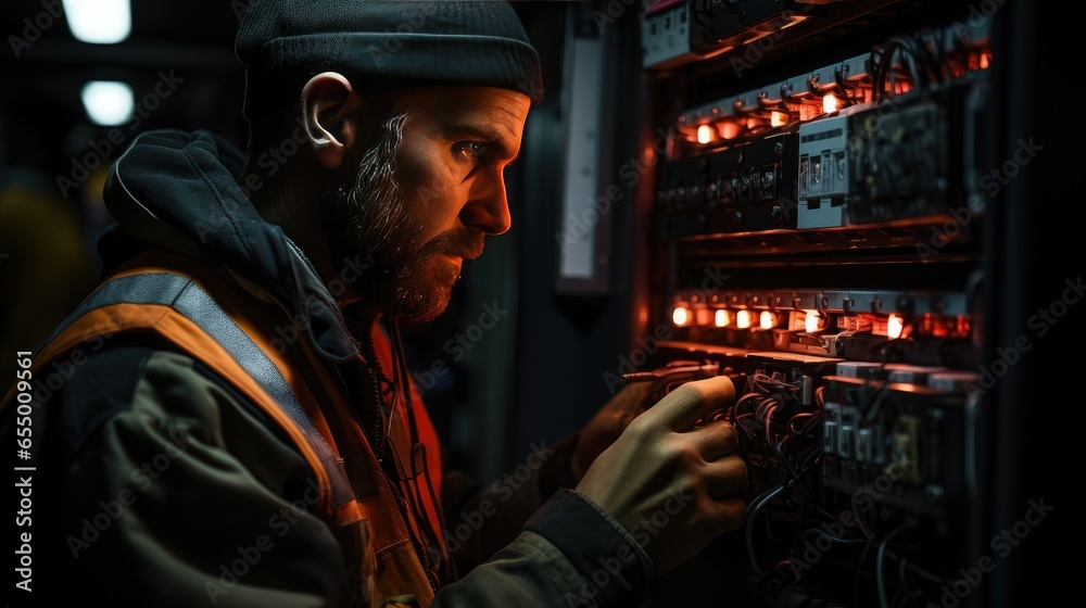 Fototapeta Man working in the dark on an electrical box ensuring fuse ...