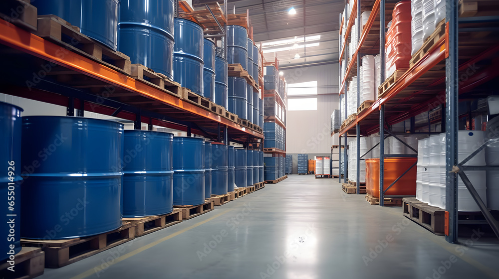 Warehouse petroleum products. Storage interior. Warehouse racks with ...