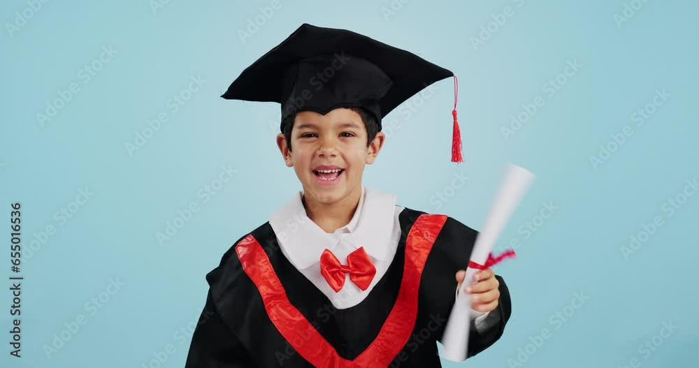 Graduate, child and celebration with portrait and happiness in studio ...