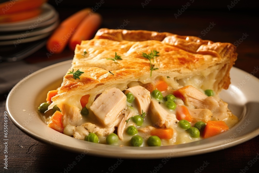 Zoomedin shot highlighting the rich flavors of a rustic chicken pot pie ...