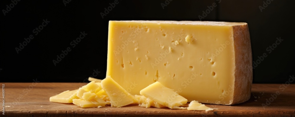 A slice of semihard cheese reveals its intriguing texture and shade of ...