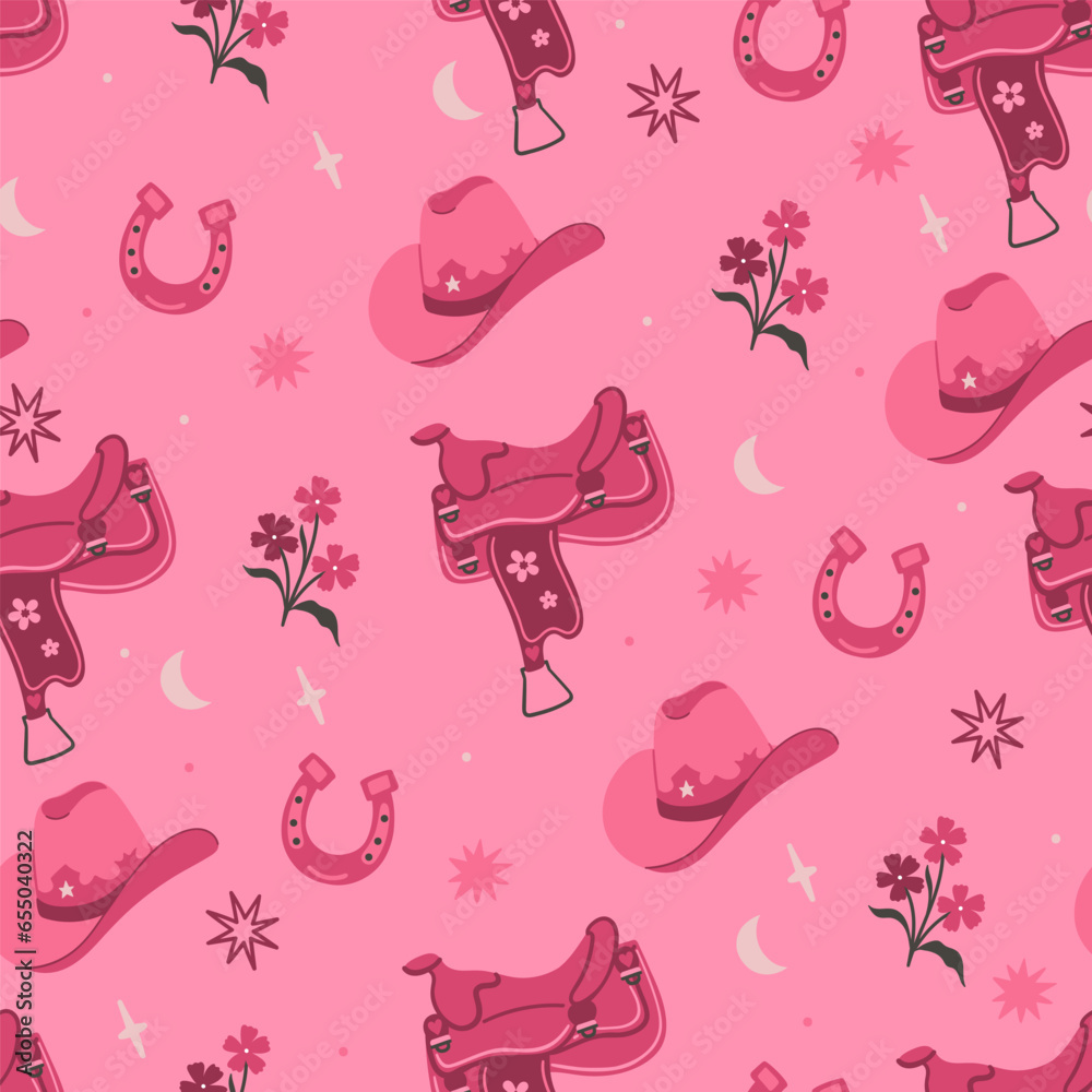 Seamless Pattern In Pink Colors With Cowboy Hats Saddles And seamless-pattern-in-pink-colors-with-cowboy-hats-saddles-and