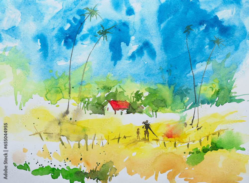 Nice watercolour painting of Indian farmer man ploughing agricultural ...