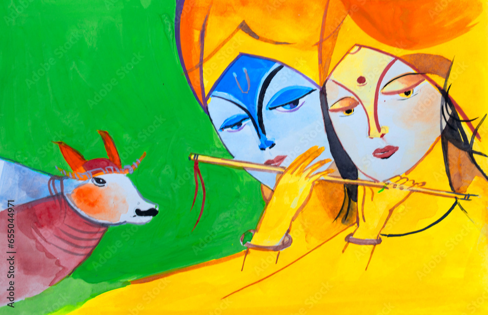 Beautiful poster color hand painted illustration of Indian God Krishna ...