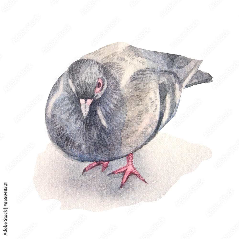 Watercolor gray bird dove isolated on white background. Hand-drawn ...