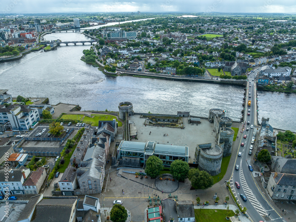 Aerial view of Limerick city and King John's castle on King's Island ...