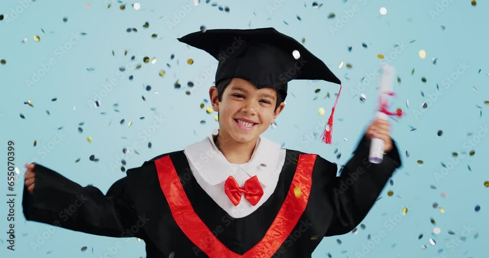 Graduate, child and celebration with confetti and happy dance in studio ...