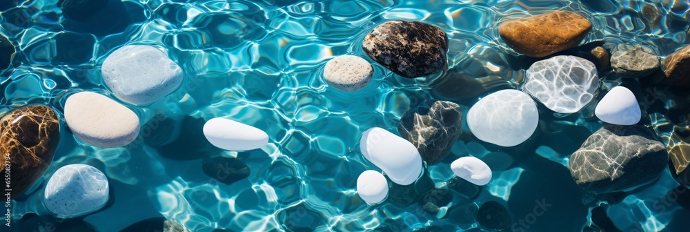 White pebbles on the surface of water in the pool. Underwater panorama ...