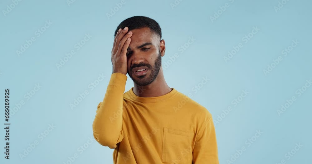 Stress, fail and man in studio with facepalm emoji for stupid mistake ...