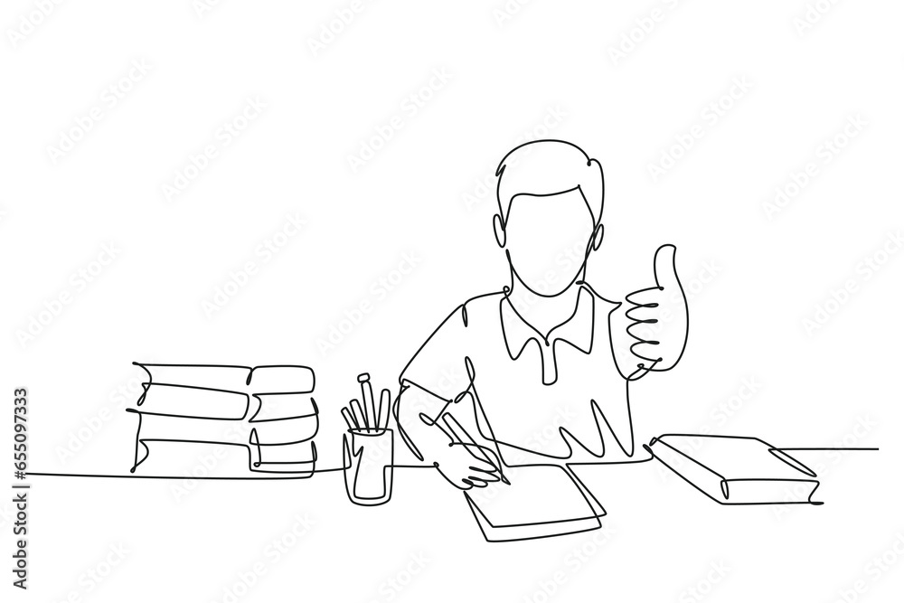 Single continuous line drawing young happy boy student study diligently ...