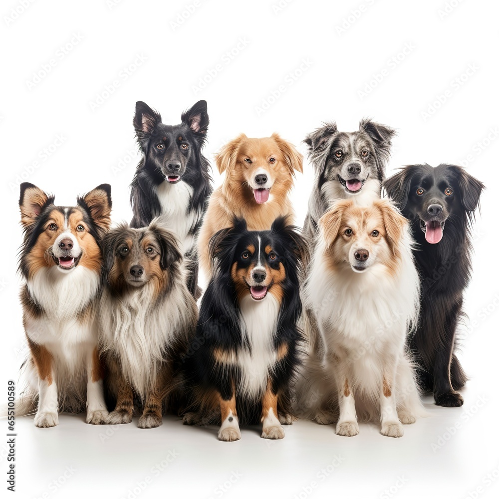 Collage with different dogs on white background. Set of many dogs of ...