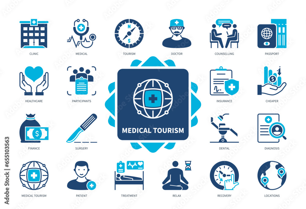 Medical Tourism icon set. Clinic, Treatment, Dental, Surgery, Recovery ...