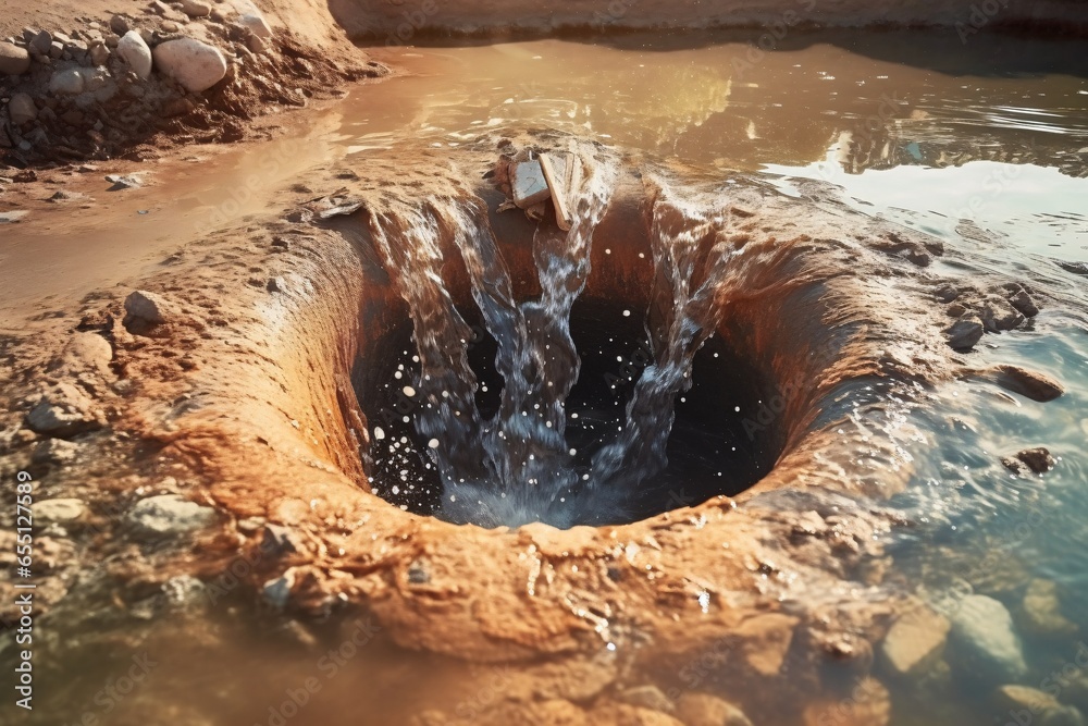 Drainage puddle in the forest. Water flows through the hole. he concept ...