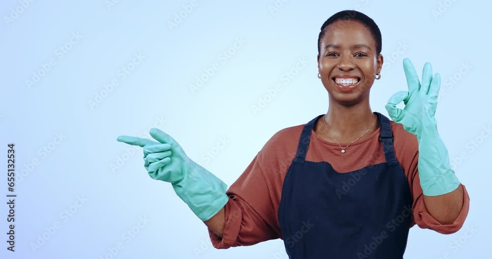 Happy black woman, housekeeper and pointing for advertising cleaning ...