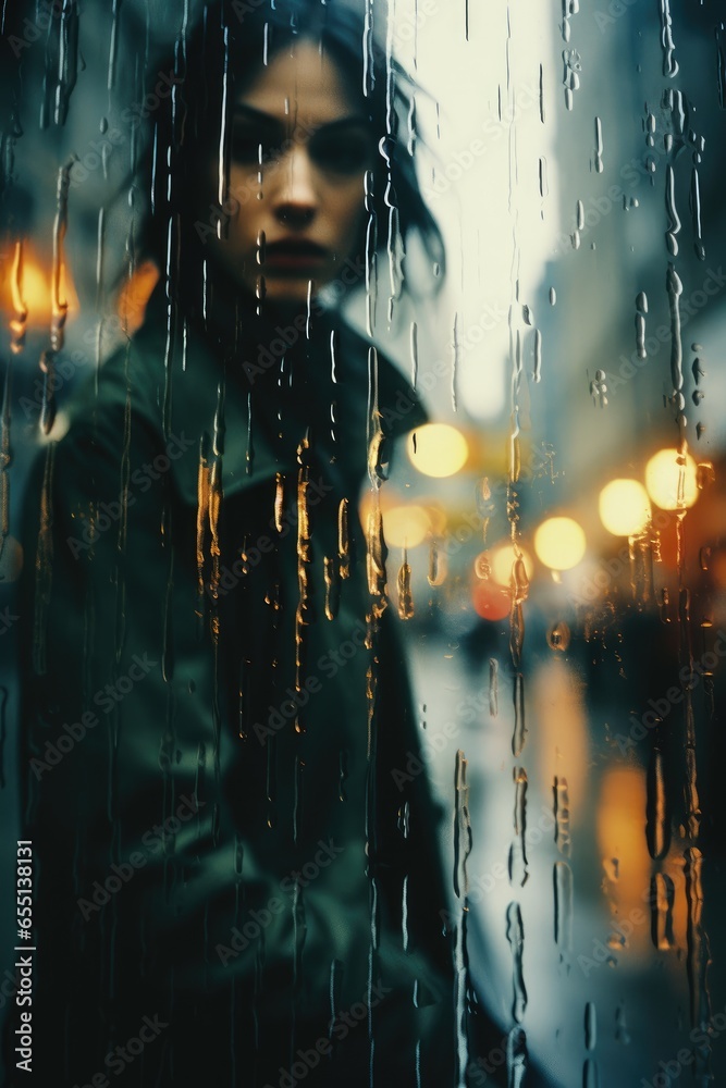 female person in the city behind a glass window with visible rain drops ...
