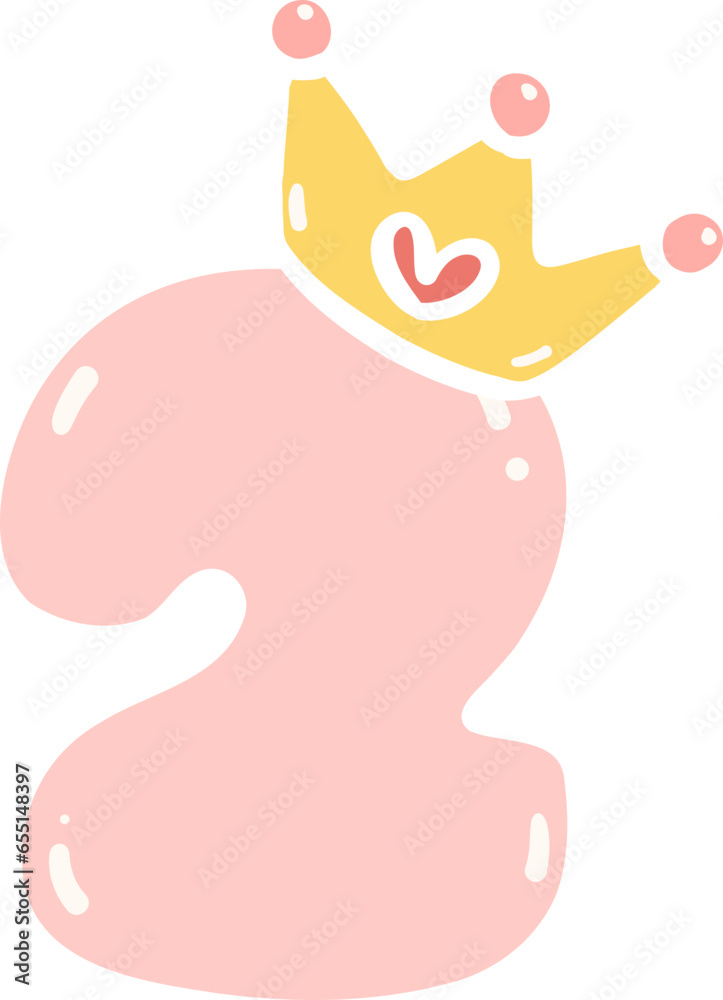 Cute pink birthday number 2 with crown illustration doodle Stock Vector ...